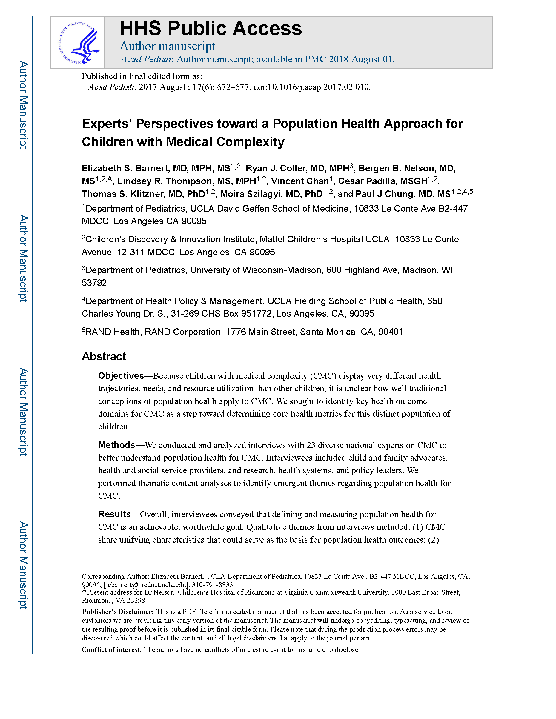 Experts’ Perspectives toward a Population Health Approach for Children ...