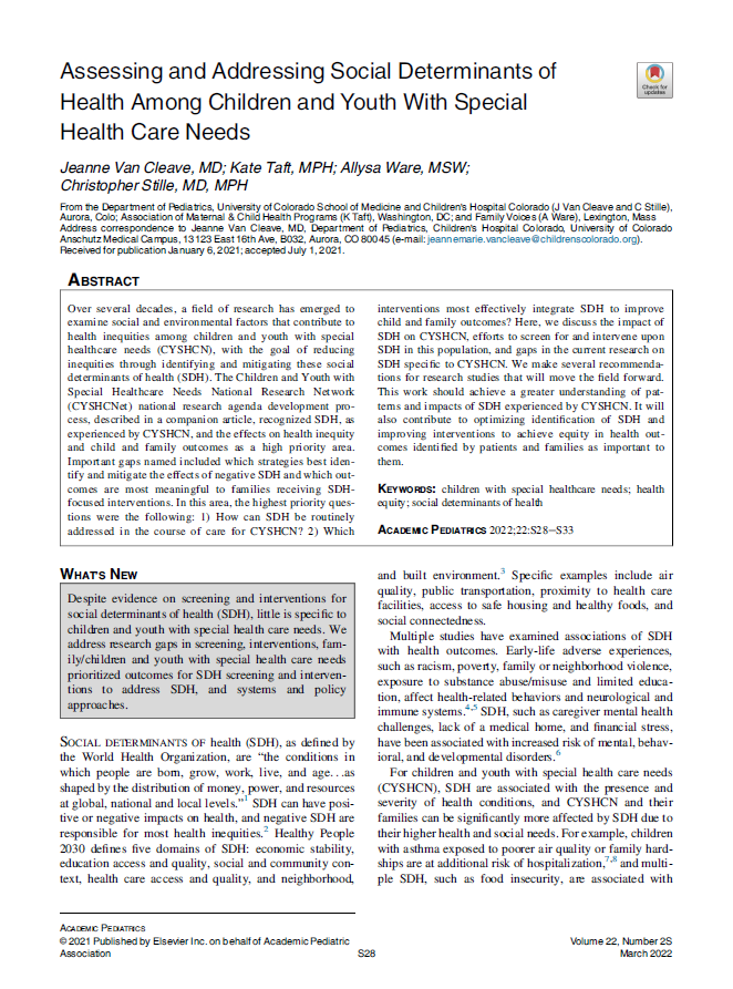 Assessing and Addressing Social Determinants of Health Among Children ...