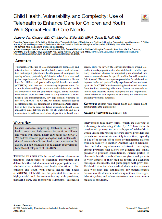 Child Health, Vulnerability, and Complexity: Use of Telehealth to ...